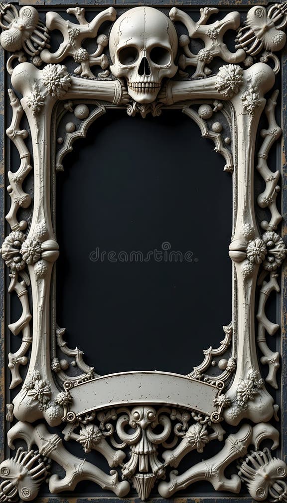 Ornate Bone Frame with Skull and Dark Background Gothic Decor Stock ...