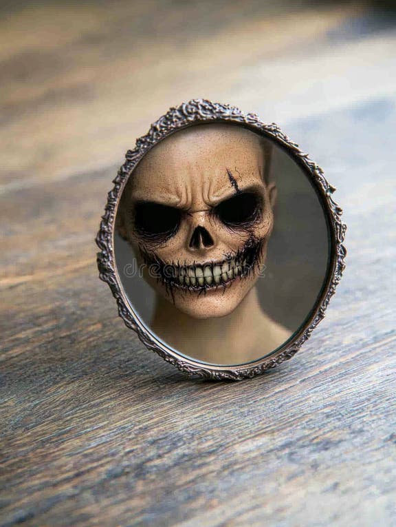 Creepy Skull Reflection in Mirror Stock Illustration - Illustration of ...