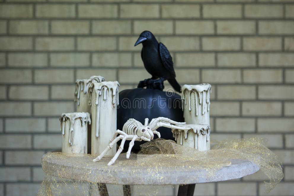 Creepy Spider and Crow Decorations Stock Photo - Image of skeleton ...