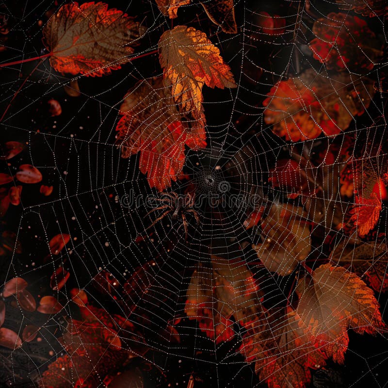 Creepy Spider Web and Fall Foliage Background for Halloween Stock ...