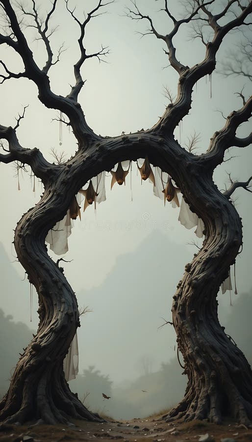 Creepy Tree Archway with Hanging Objects in Spooky Misty Landscape ...