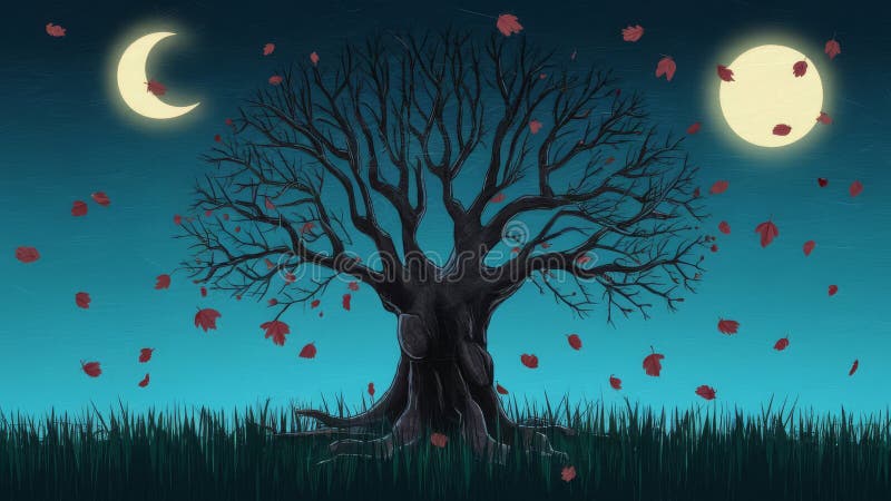 Creepy Tree with Falling Leaves at Night Stock Illustration ...