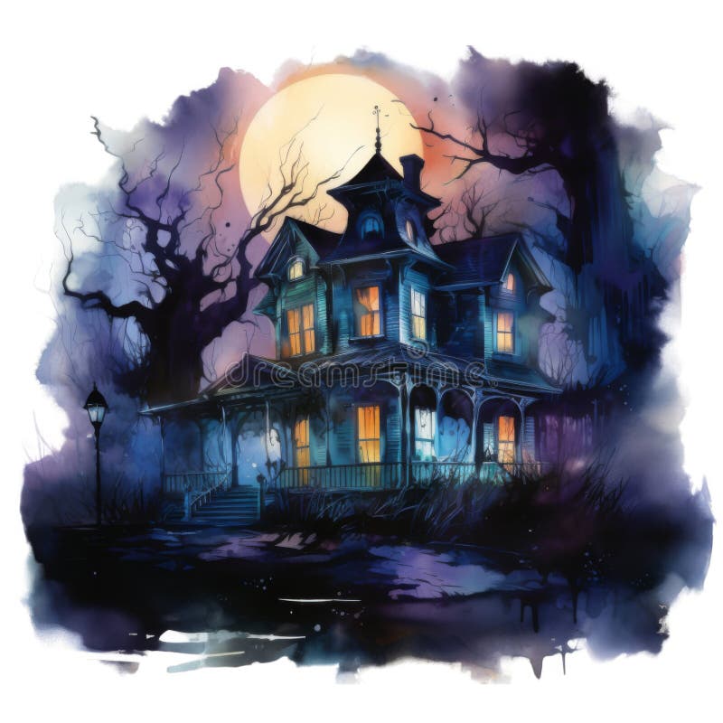 A Creepy, Two-Story House with a Full Moon and Dark Trees in the ...