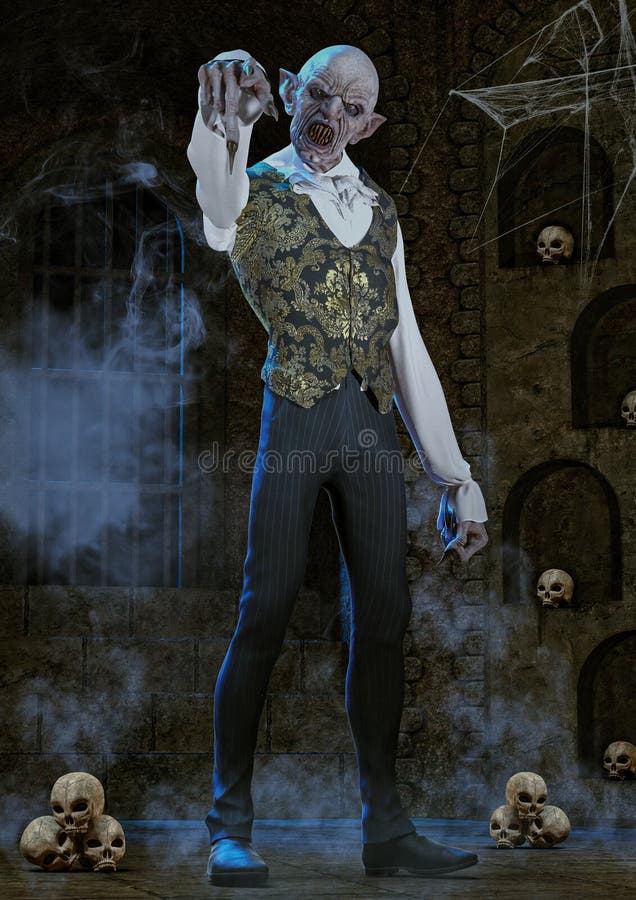 Creepy Vampire Surrounded by Skulls. Stock Illustration - Illustration ...