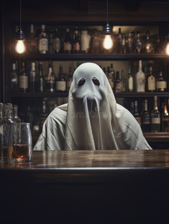 Creepy White Ghost Sitting at the Bar Table with Alcohol, AI Stock ...