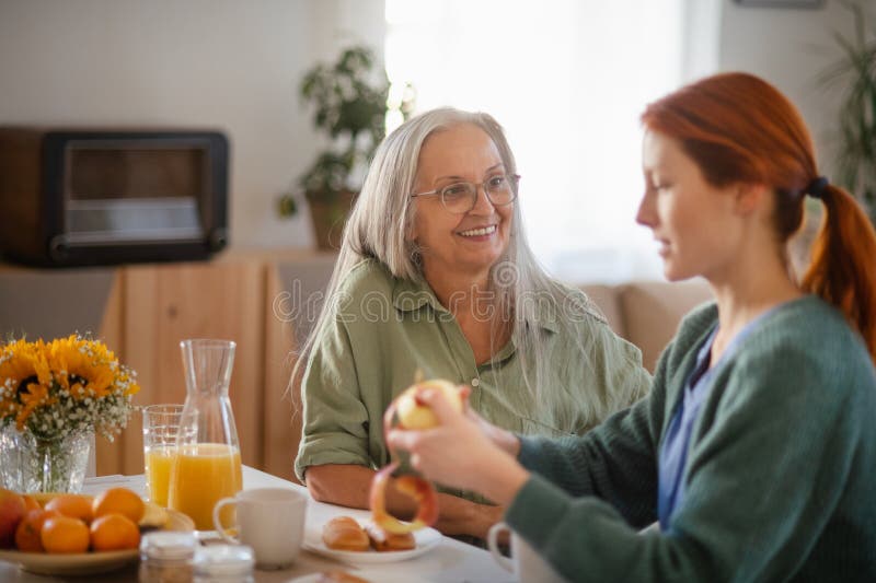 Cregiver Preparing Breakfast for Her Senior Client in the Bed. Stock ...