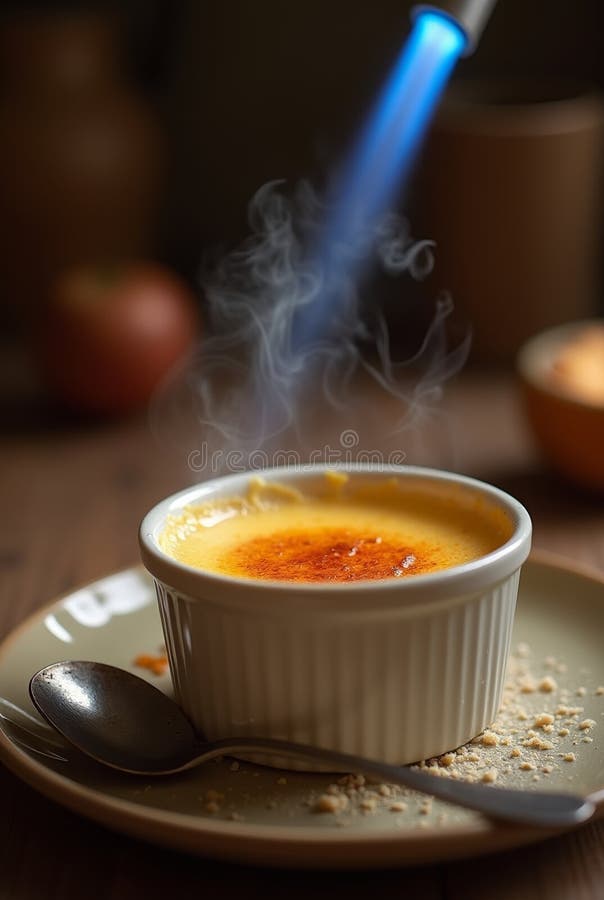 Creme Brulee with Caramelized Sugar Topping Under Blowtorch Flame Stock ...
