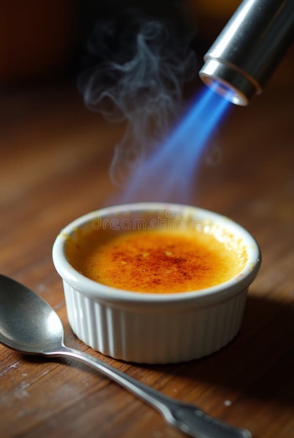 Creme Brulee in White Ramekin with Torch Caramelizing Sugar on Wooden ...