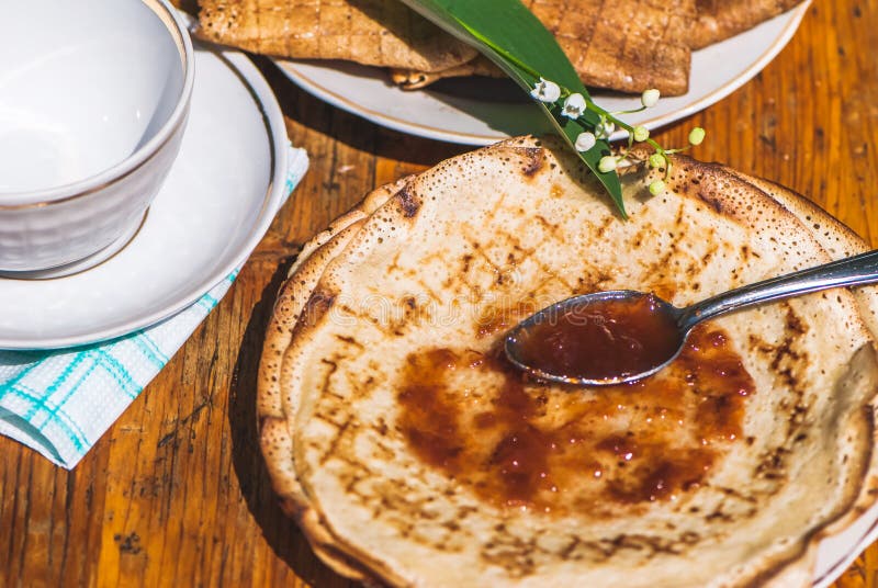Crepe Filled with Strawberry Jam Stock Photo - Image of homemade, plate ...