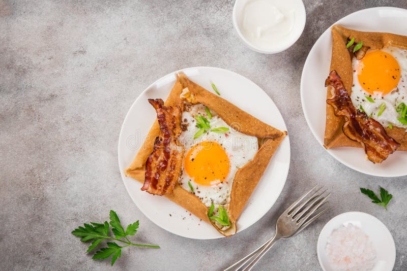 Crepe with Fried Egg and Bacon for Breakfast Stock Image - Image of ...