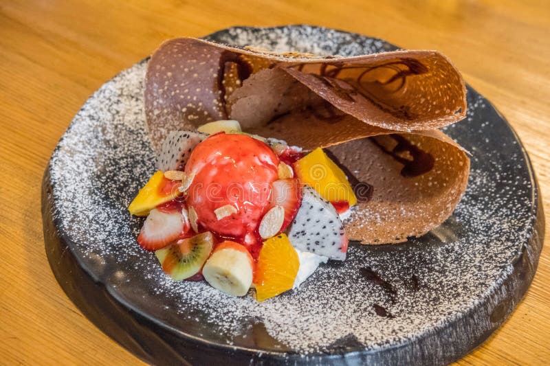 Crepe with Ice Cream Whipped Cream Stock Photo - Image of calories ...