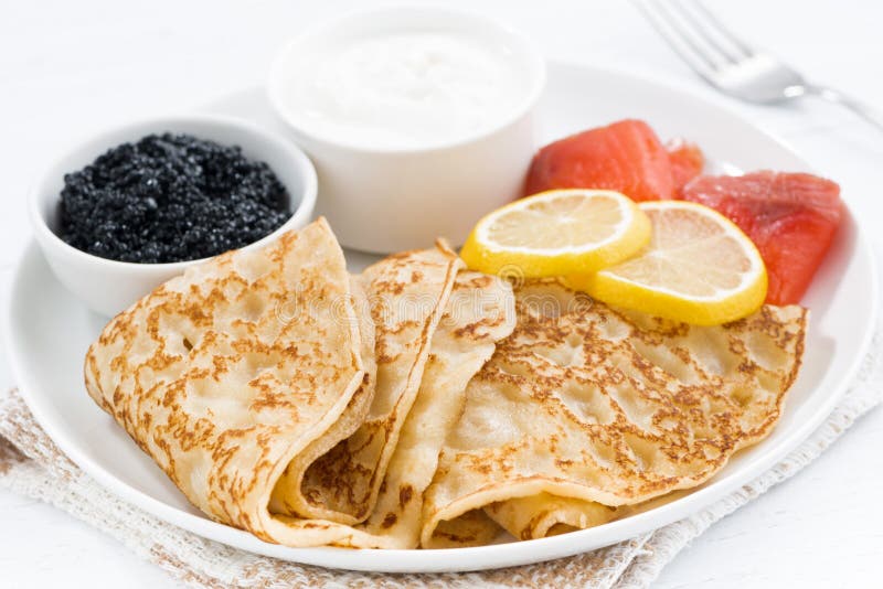 Crepes with Fish, Sour Cream and Caviar, Closeup Stock Image - Image of ...