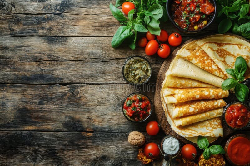 Crepes Food Display, an Array of Crepes Elegantly Presented on a Rustic ...