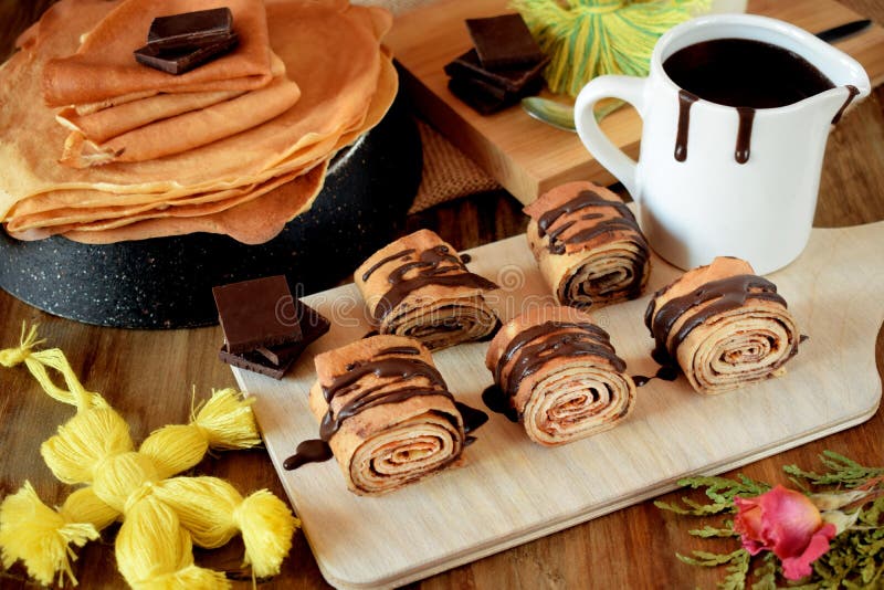 Crepes Rolls with Chocolate Sauce Stock Photo - Image of delicious ...