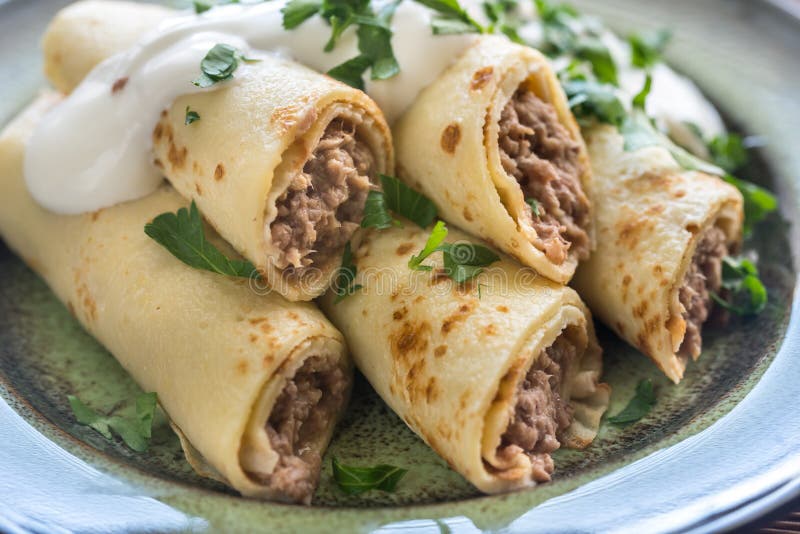 Crepes with tuna stock image. Image of roll, meat, minced - 95494701