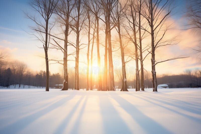 Crepuscular Rays through Tree Silhouettes on Snow Stock Illustration ...