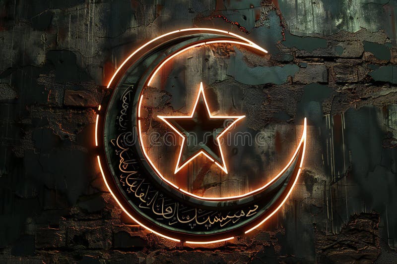 A Crescent in Black and White with an Islamic Star Underneath Stock ...