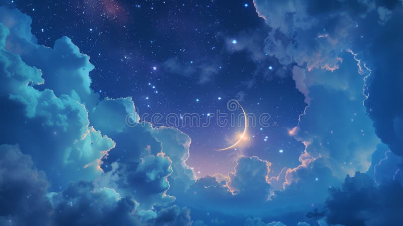A Crescent with Blue Clouds and a Star in the Sky Stock Image - Image ...