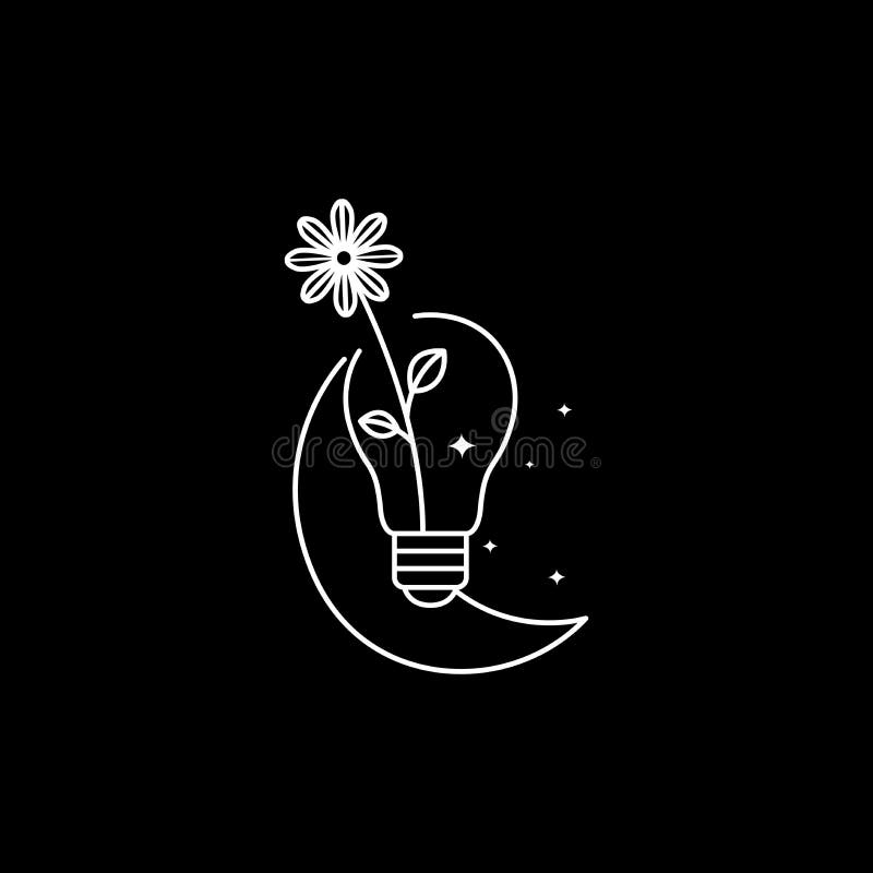 Crescent with Bulb Lamp Idea Flowers Minimalist Logo Design Vector ...
