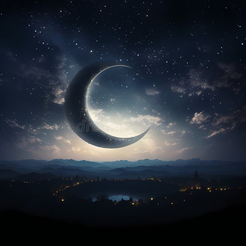 Night View Crescent Moon in Town.AI Generated Stock Photo - Image of ...