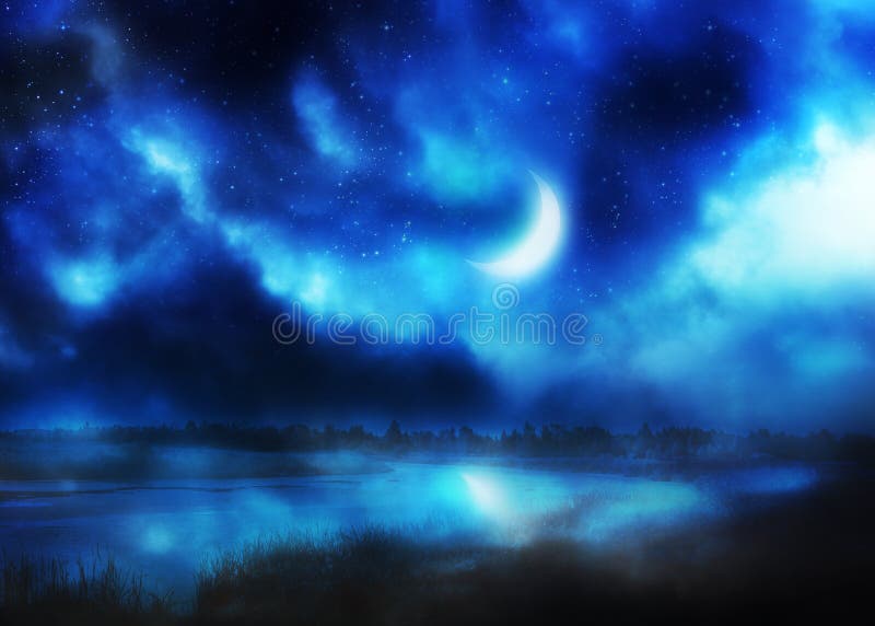 Crescent moon above river stock image. Image of reflection - 208524071