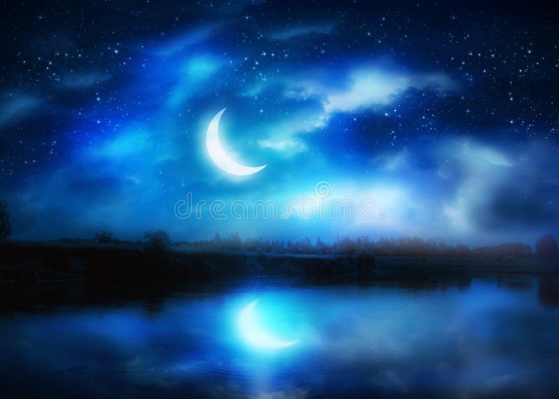 Crescent moon above river stock image. Image of light - 208524131