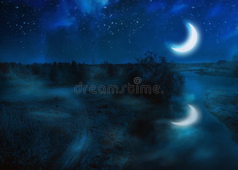 Crescent moon above river stock illustration. Illustration of scene ...