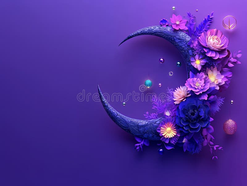 Crescent Moon Adorned with Purple Flowers and Shimmering Orbs on a ...