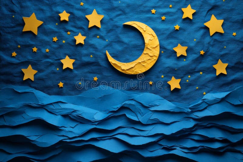 Crescent Moon with Blue Stars Stock Illustration - Illustration of ...