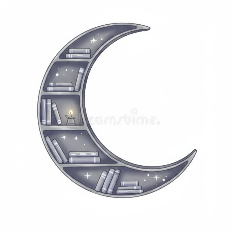 Crescent Moon Bookshelf with Candle and Stars Stock Illustration ...