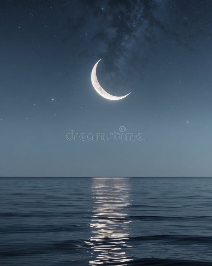 Crescent Moon Brightly Shining Over a Tranquil Ocean with Reflections ...