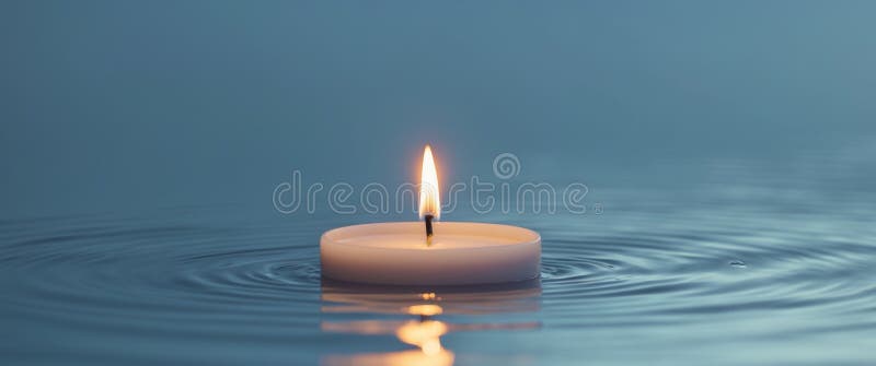 Crescent Moon Candle Floating Gently on Rippled Water Under Dim Blue ...