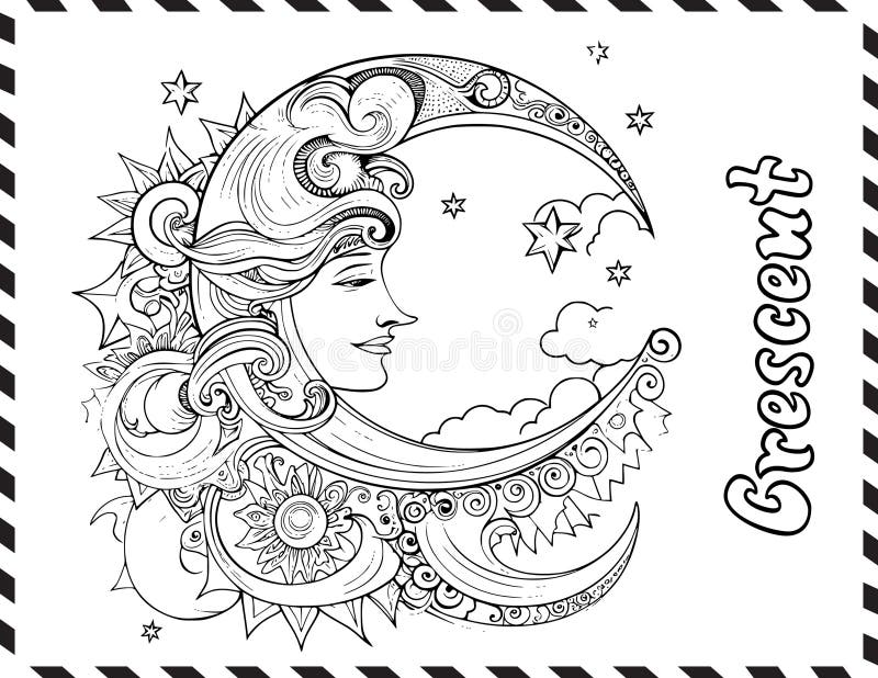Crescent Moon Coloring Pages for Kids Stock Vector - Illustration of ...