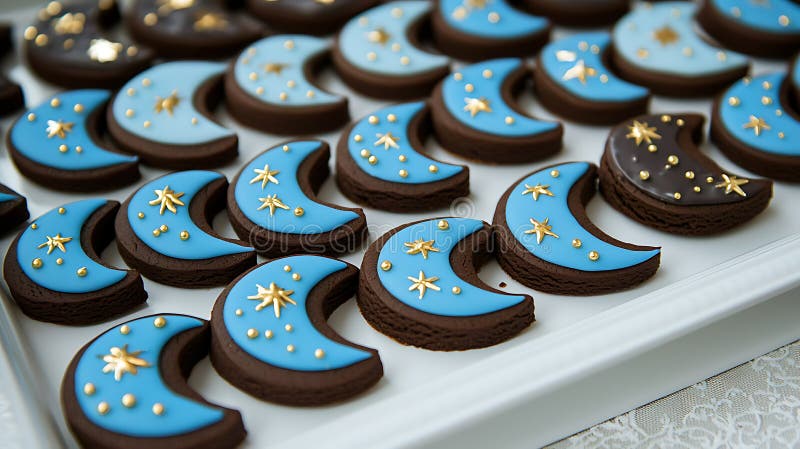 Crescent Moon Cookies with Blue and Gold Icing Stock Image - Image of ...