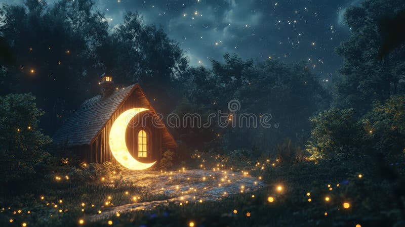 Crescent Moon Cottage in a Magical Forest at Night Stock Illustration ...