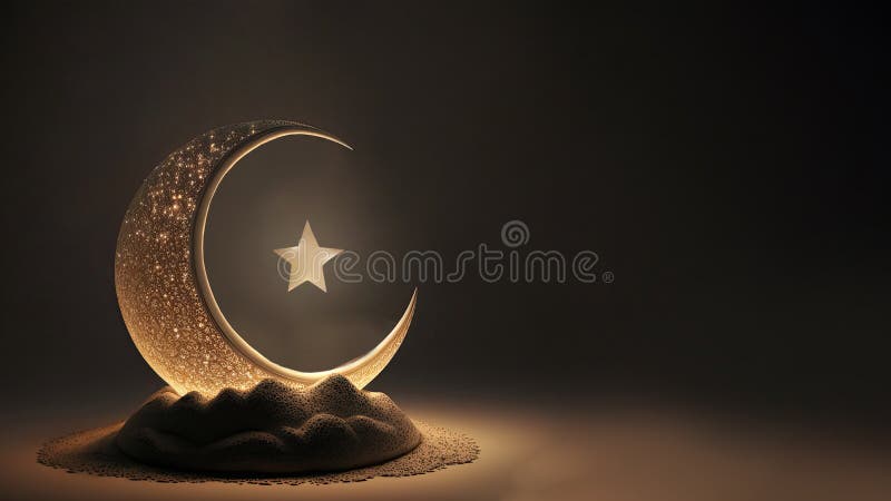 Crescent Moon Decorated with Glowing Stars on Dune. Islamic Religious ...