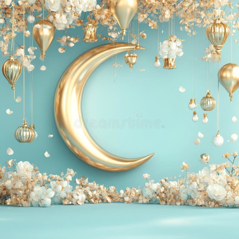 The Crescent Moon is Decorated Ornately with Hanging Lanterns and ...