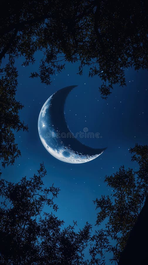 Crescent Moon through Dense Forest Canopy Under Starry Sky Stock Photo ...