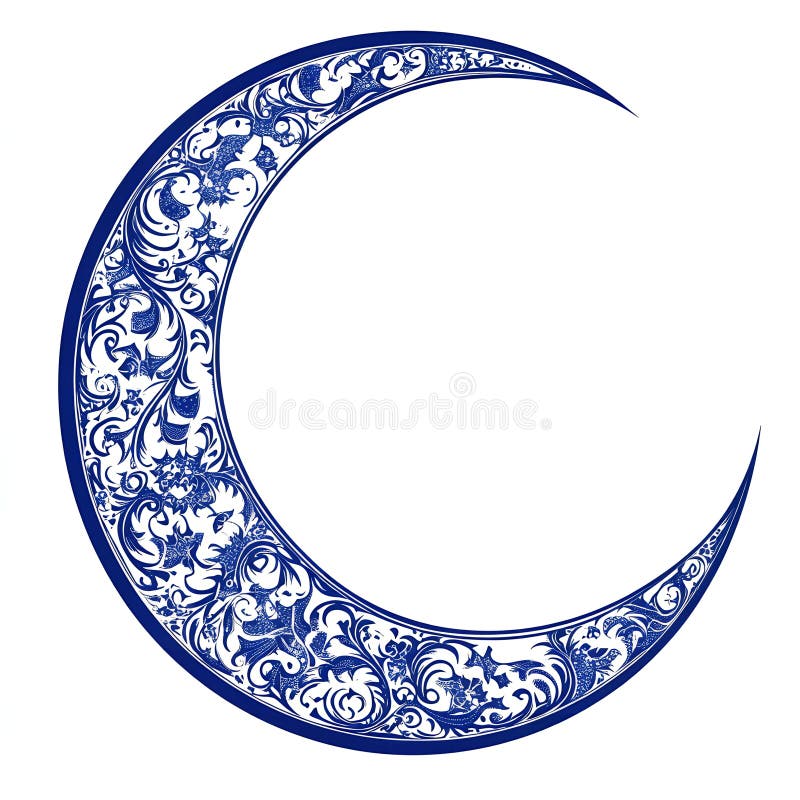 Crescent Moon Design Blue Floral Pattern Ornate Vintage Style ...