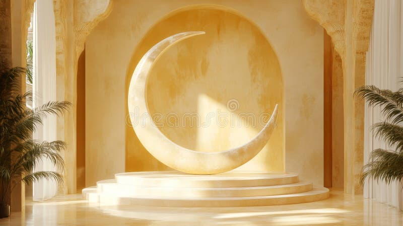Crescent Moon Display in a Golden Architectural Setting Stock ...