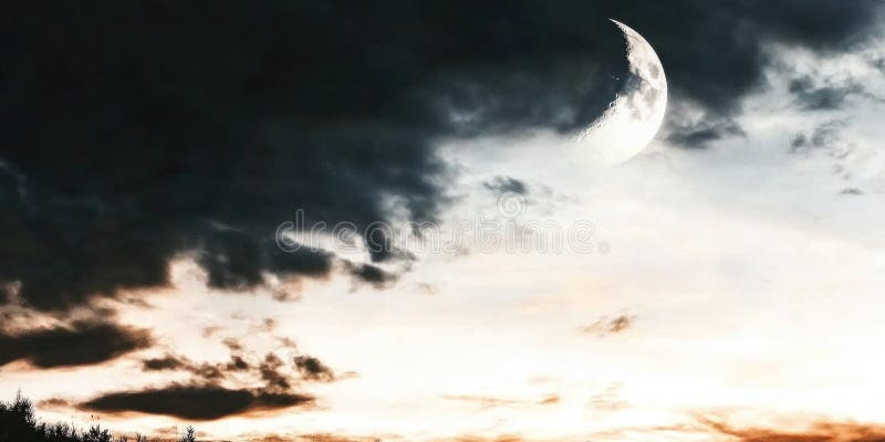 Crescent Moon and Dramatic Cloudy Sky at Twilight Stock Image - Image ...