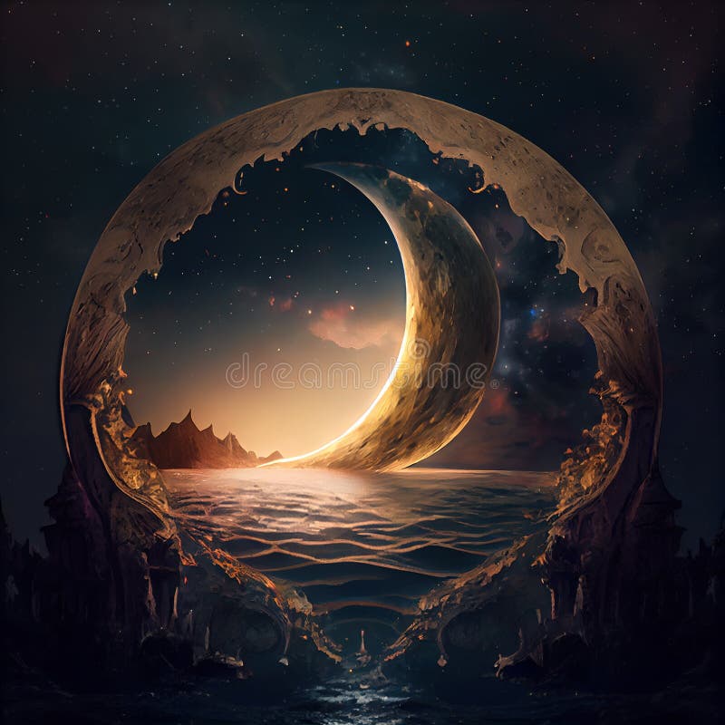 Generative AI: Crescent Moon in a Beautiful Landscape Stock ...