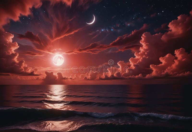 A Crescent Moon Floating Above a Sea of Red Clouds Stock Image - Image ...