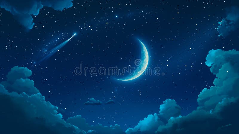 Crescent Moon Glowing in Starry Sky with Comet in Blue Cloud Stock ...
