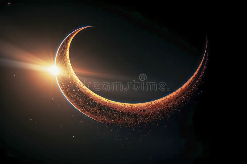Crescent Moon with Glowing Sun and Cosmic Particles Stock Photo - Image ...