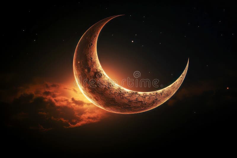 Crescent Moon with Glowing Sun and Cosmic Particles Stock Image - Image ...