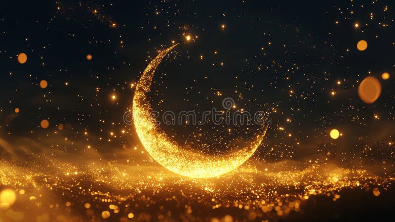 A Crescent Moon, Golden and Glowing, with Sparkling Swirls Under a ...