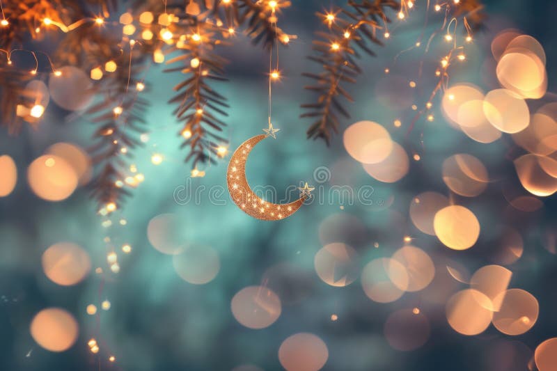 Crescent Moon Hanging on Christmas Tree Branch Stock Image - Image of ...