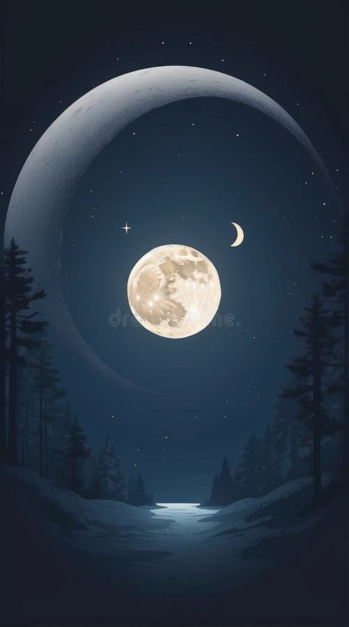 Crescent Moon Hangs in a Dark Sky, Its Reflection Visible in a Calm ...