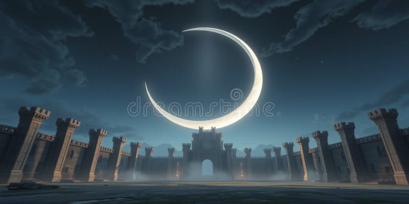 A Crescent Moon Hangs Over a Castle Gate Stock Illustration ...
